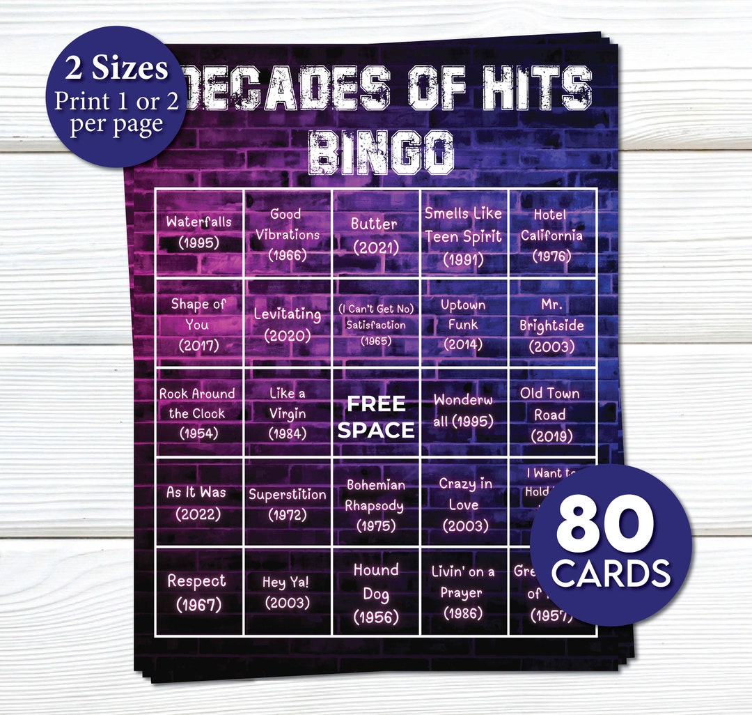 80 Decades of Hits Bingo Card, Family Night Gathering Printable, 70s ...