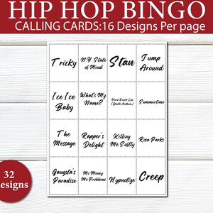 50 Hip Hop Songs Bingo Game Cards, Rap Music Party Activity, Birthday ...
