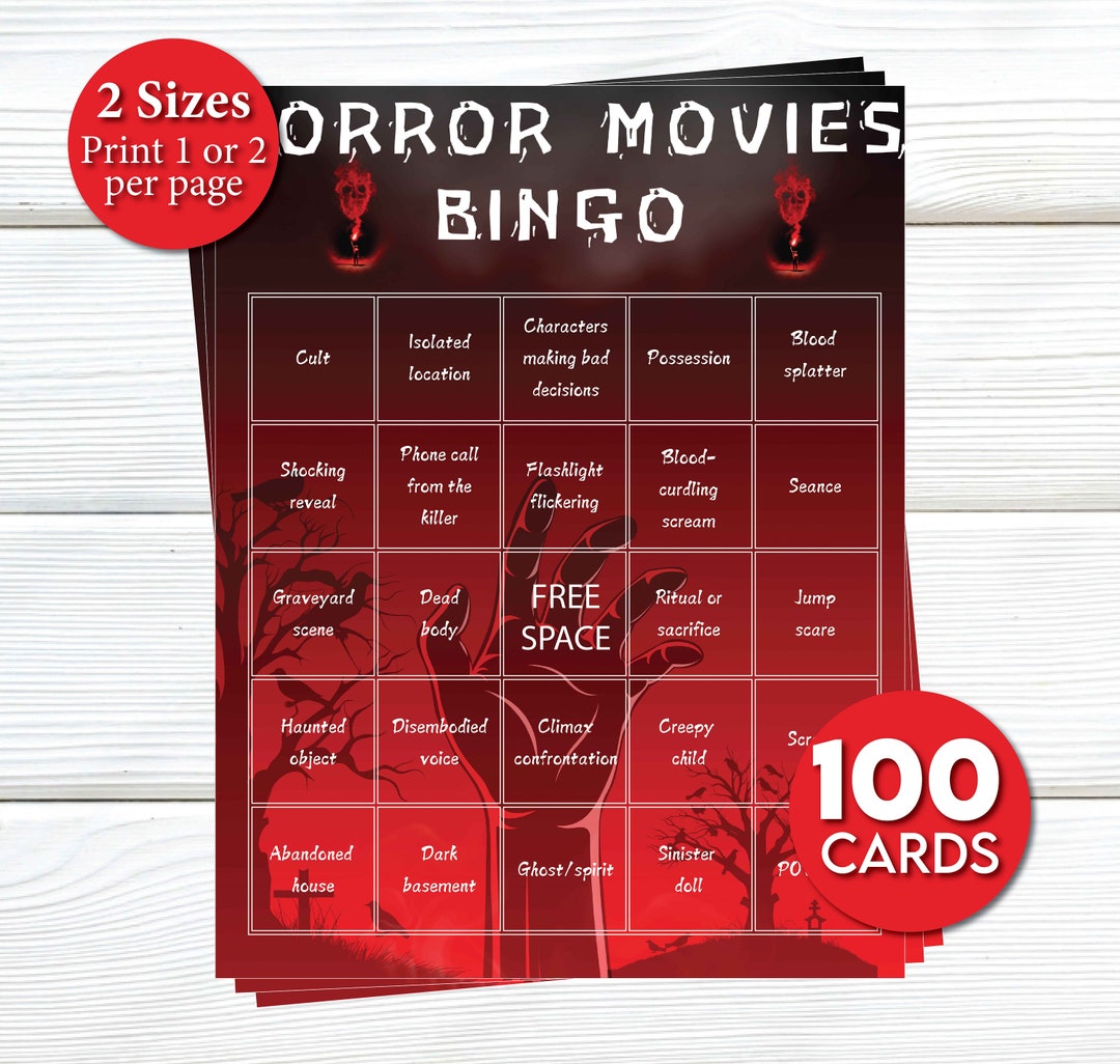 100 Horror Movie Bingo Cards, Movie Night Bingo, Anniversary, Halloween ...