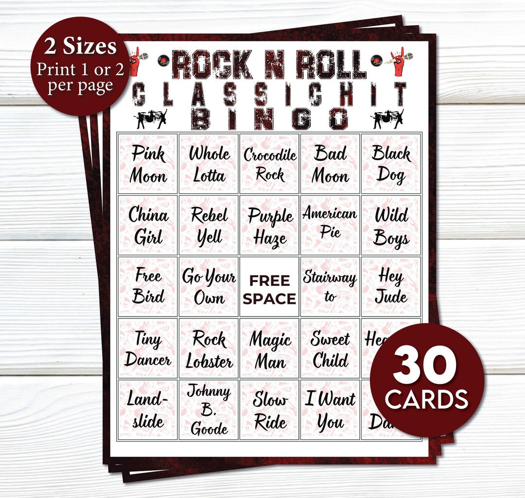 30 Rock 'n' Roll Bingo Cards, Rock 'n' Roll Bingo, Music Games, Instant ...