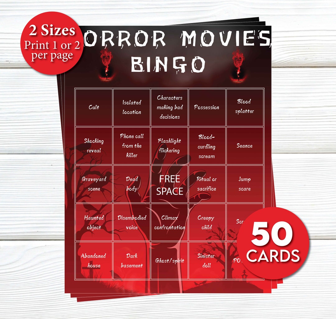 50 Horror Movie Bingo Cards, Movie Night Bingo, Anniversary, Halloween ...
