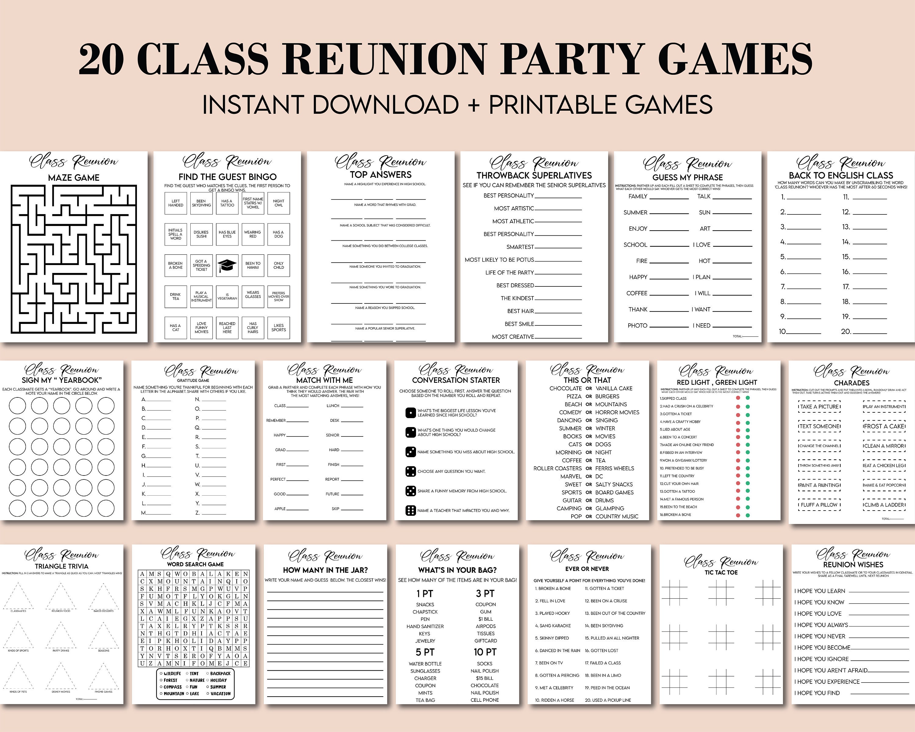 Class Reunion Games Bundle, High School Reunion Games, Reunion Ideas ...