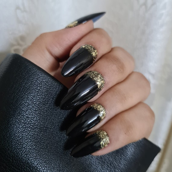 Black and Gold Glitter Cuff Nails - Etsy