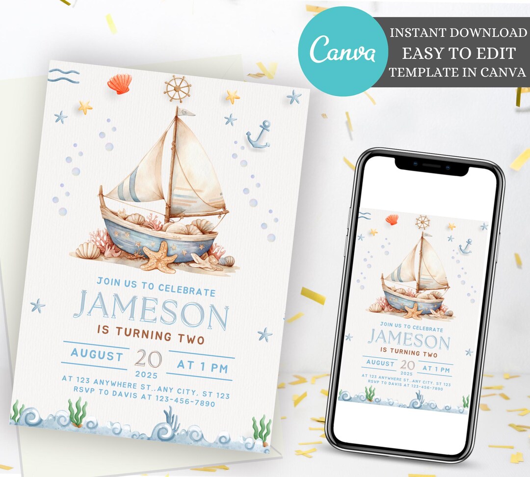 Editable Sailor Birthday Invitation, Watercolor Sailboat Invitation ...