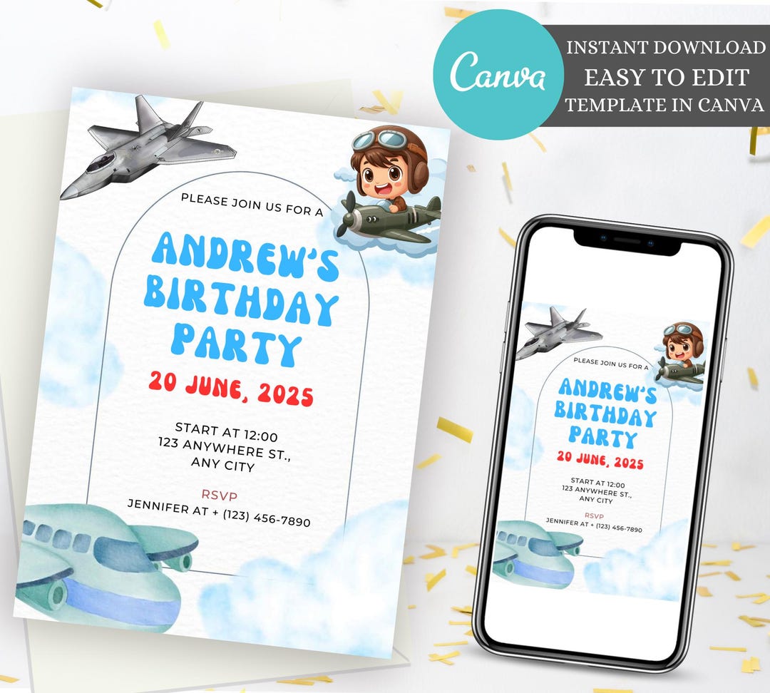 Editable Airplane Birthday Invitation, Modern Plane Invitation ...