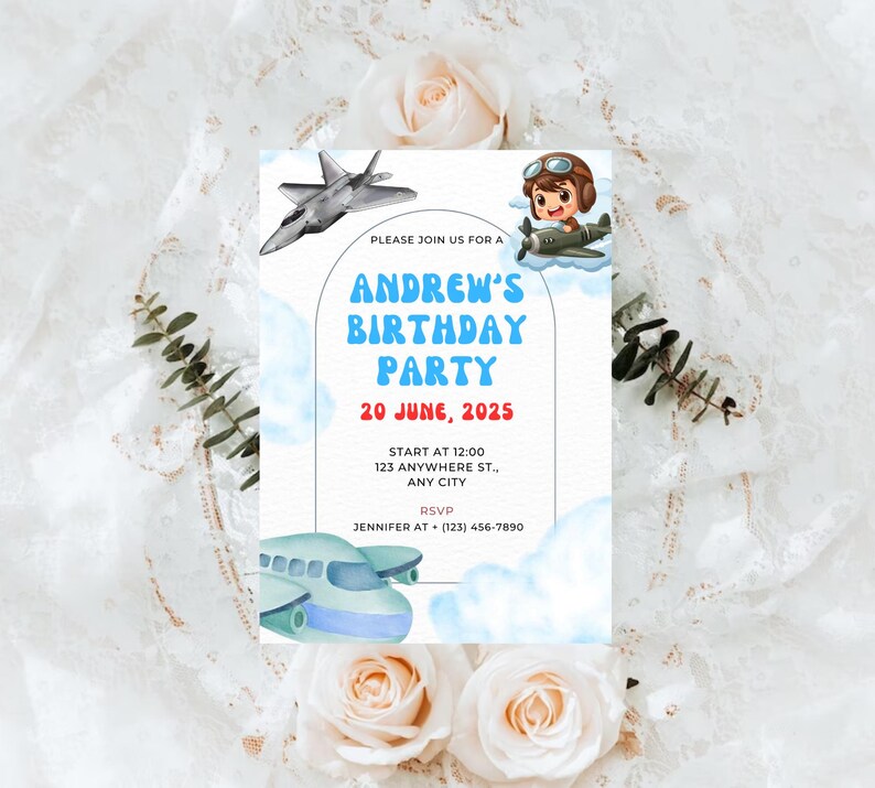 Editable Airplane Birthday Invitation, Modern Plane Invitation ...