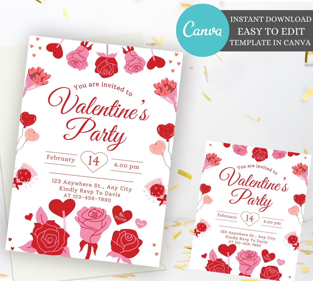 Editable Valentine Day Party Invitation, Heart Couples Party Invitation ...
