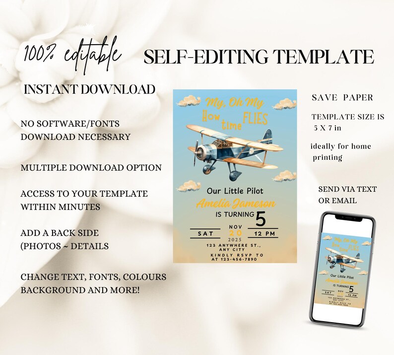 Editable Airplane Birthday Invitation, Pilot Birthday Invitation ...