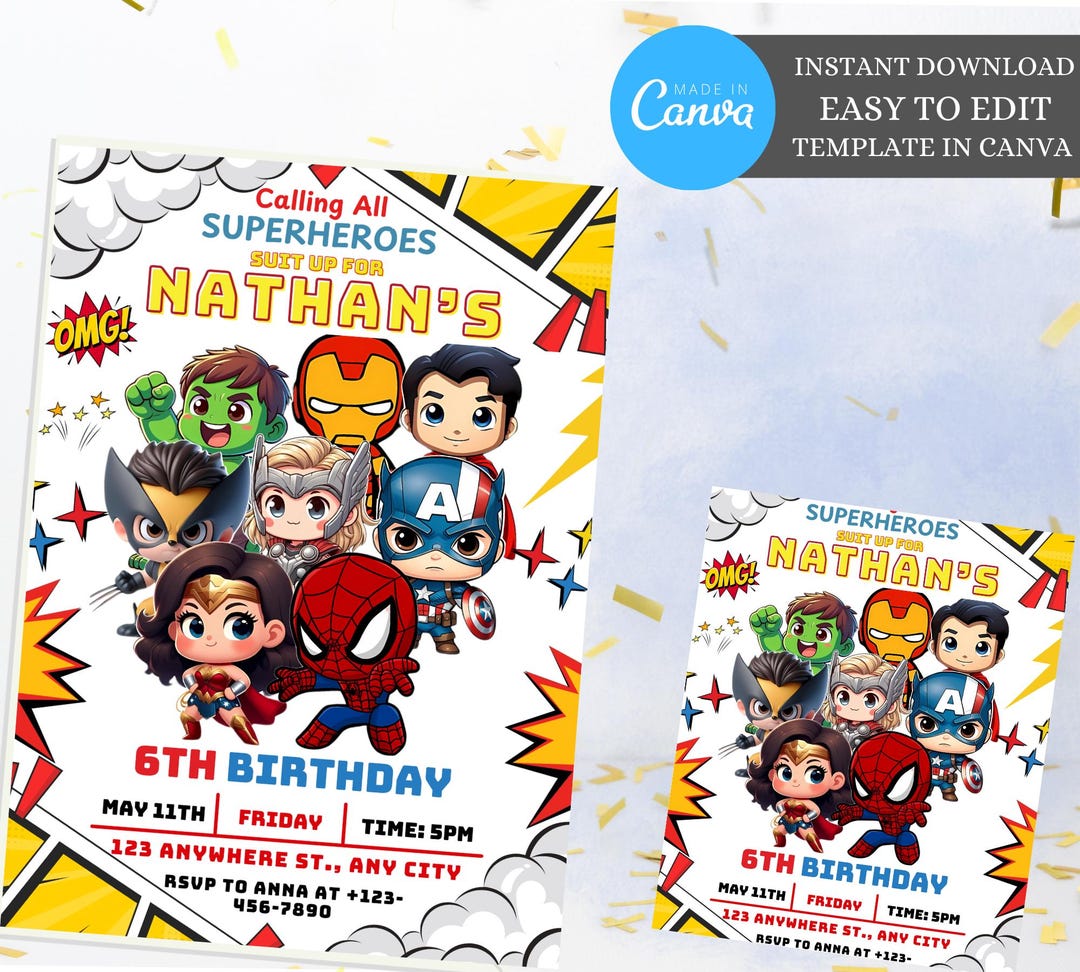 Editable Superhero Birthday Invitation, Superheroes Digital Invitation ...