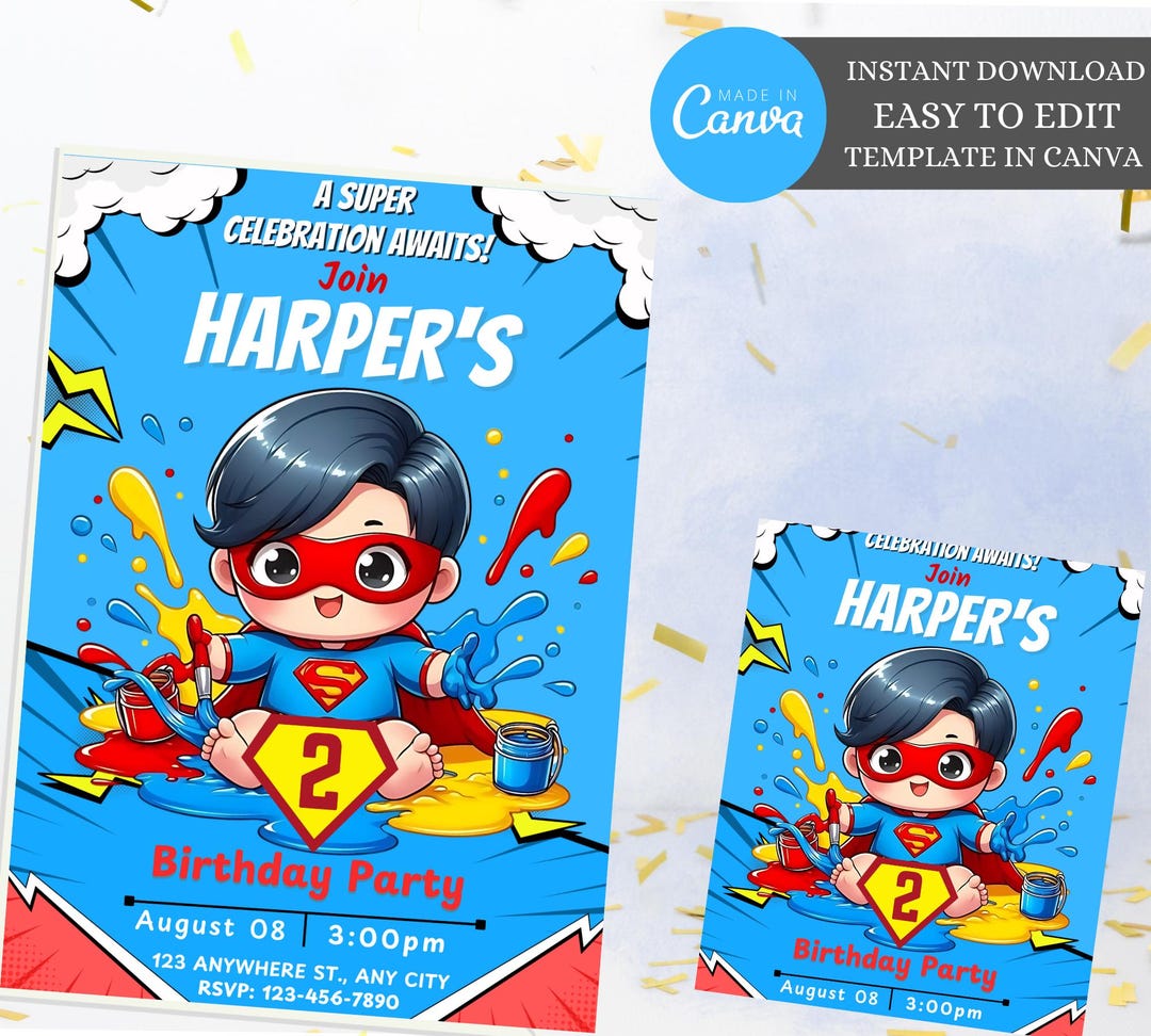 Superheroes Birthday Digital Invitation, Editable Canva Superhero ...