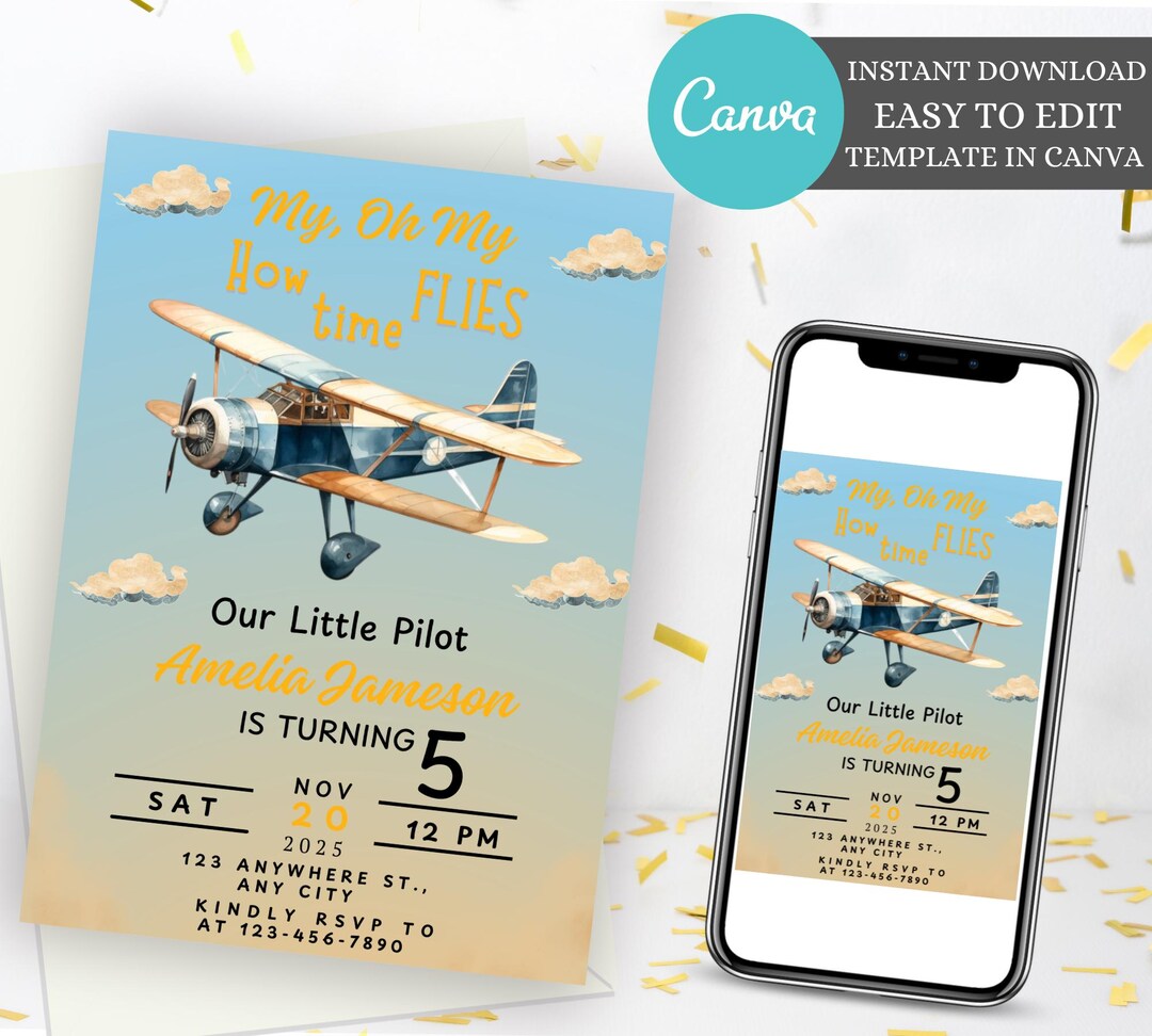 Editable Airplane Birthday Invitation, Pilot Birthday Invitation ...