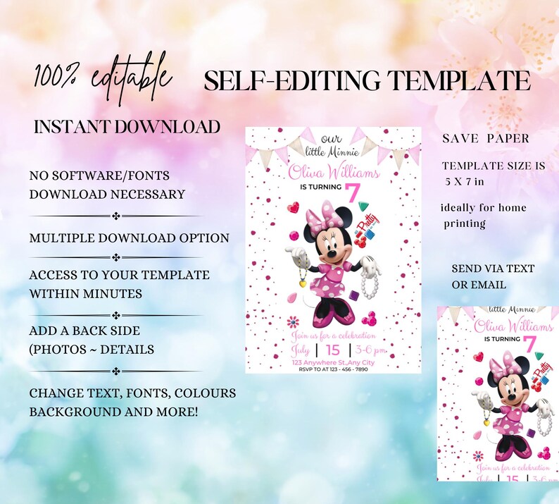 Editable Minnie Birthday Invitation, Minnie Mouse Party, Girls Birthday ...