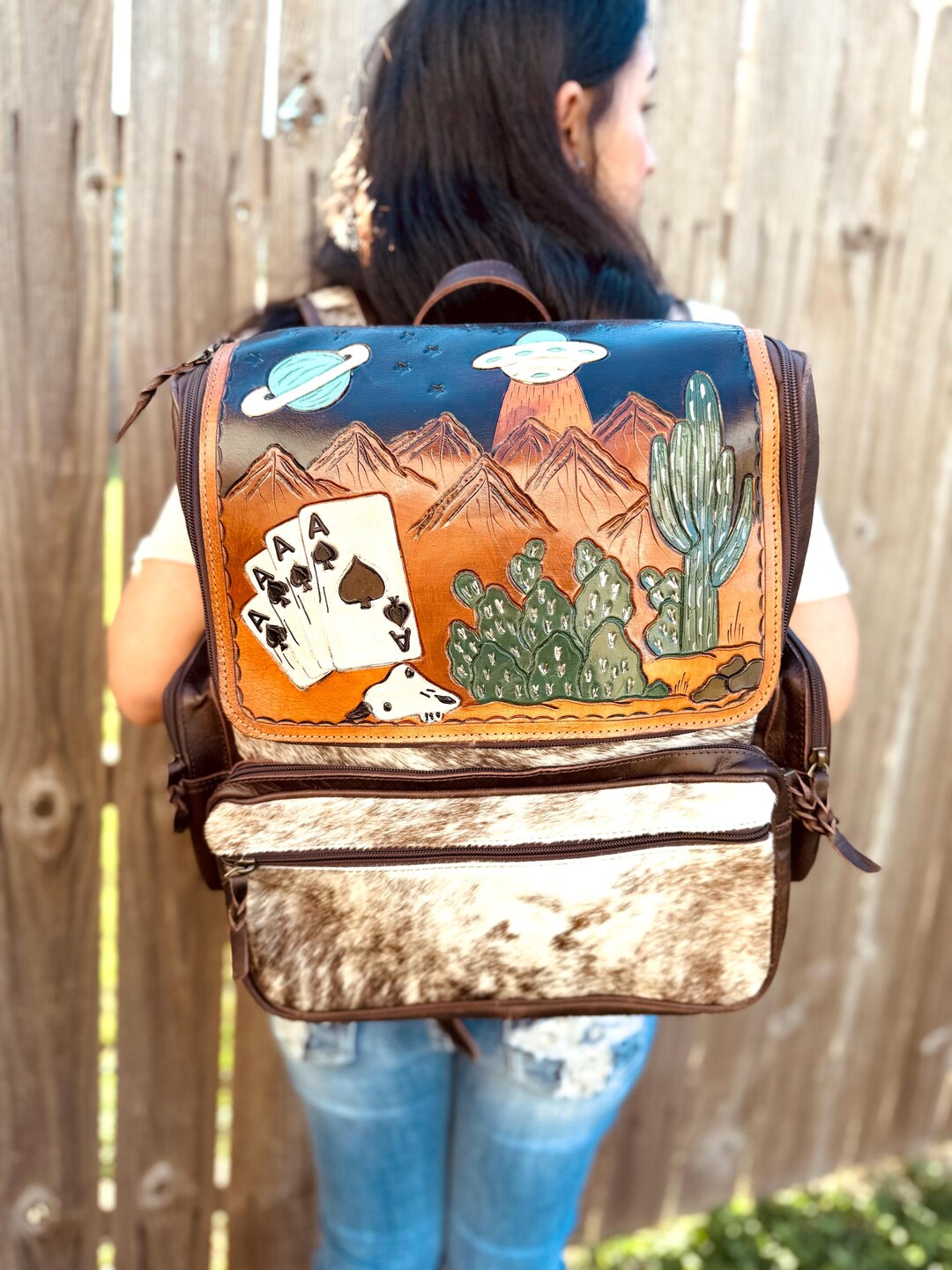 UFO Western Style Hand Tooled Leather and Cowhide Backpack - Etsy