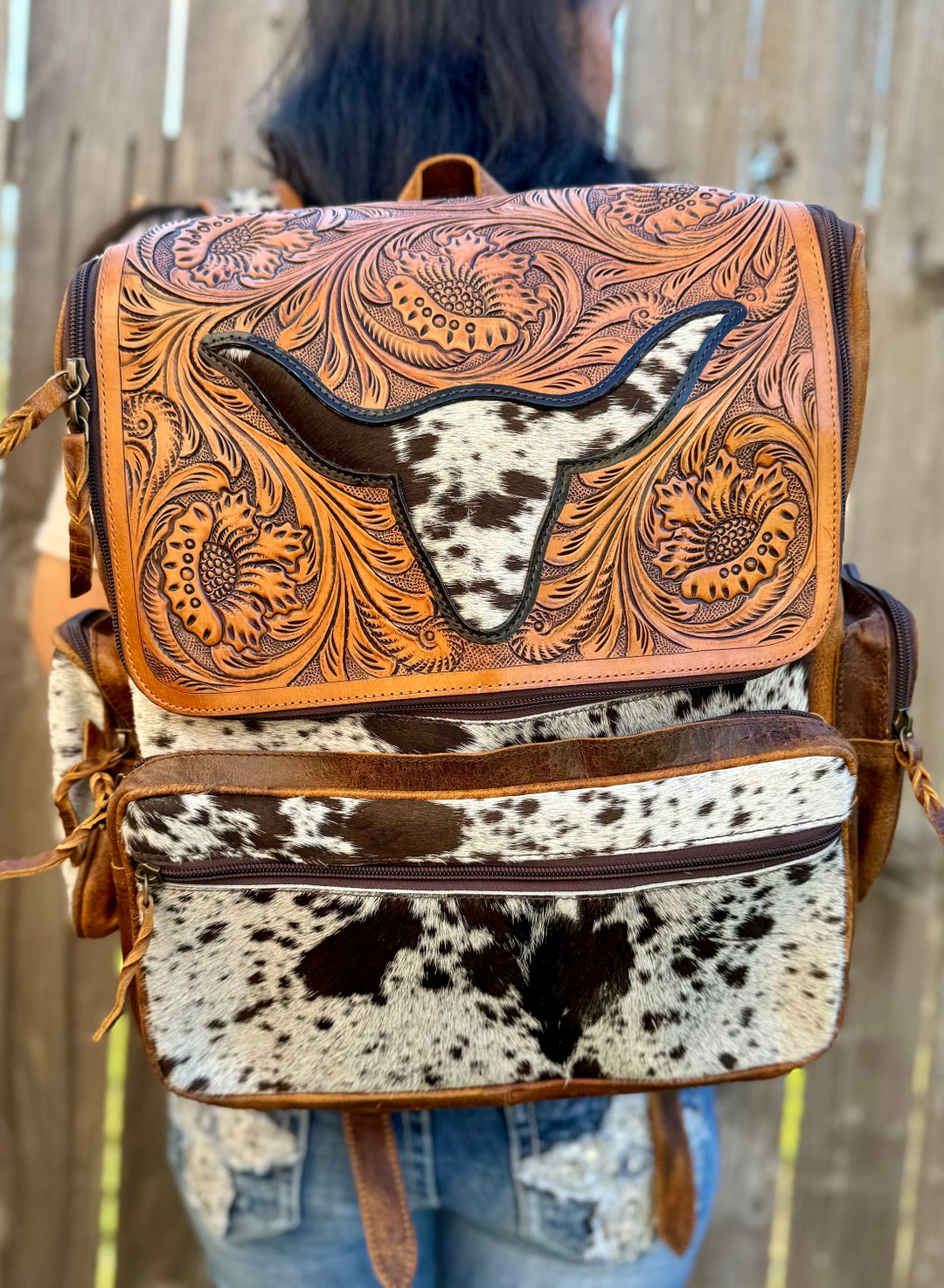 Longhorn Tooled Leather and Cowhide Backpack - Etsy