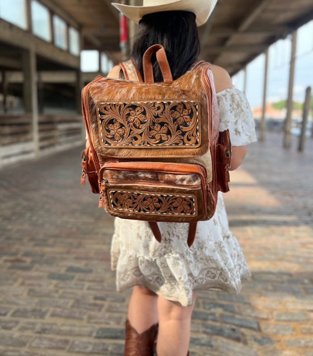 Tooled Leather and Cowhide Backpack - Etsy