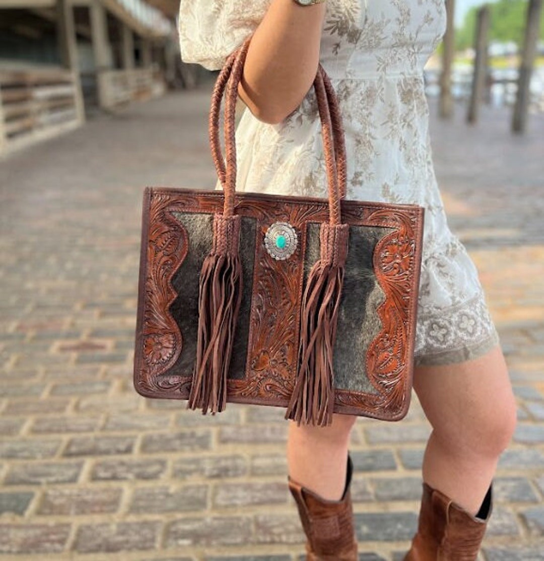 Tooled Leather & Cowhide Tote Purse - Etsy
