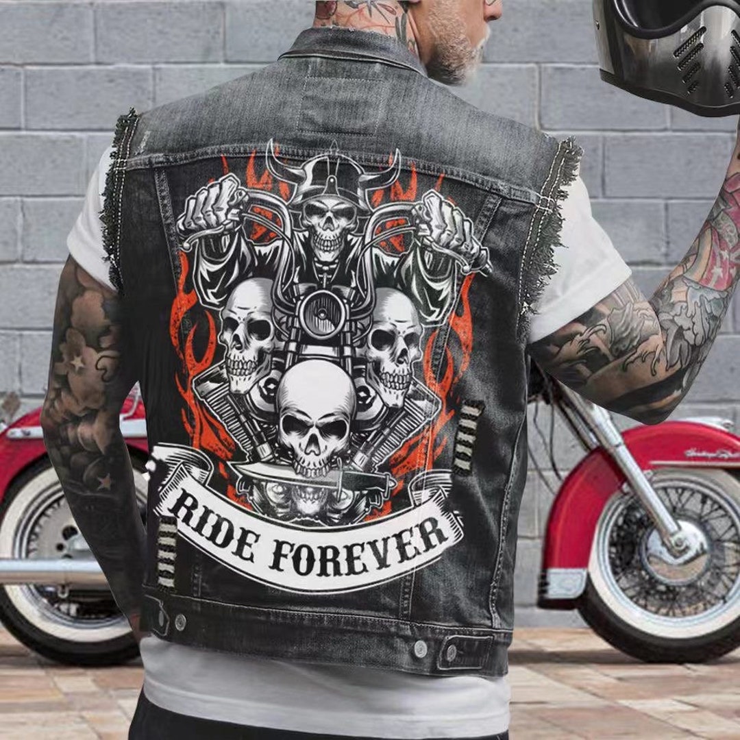 Black Skull Print Sleeveless Denim Vest Jacket for Men, Waistcoat Slim ...