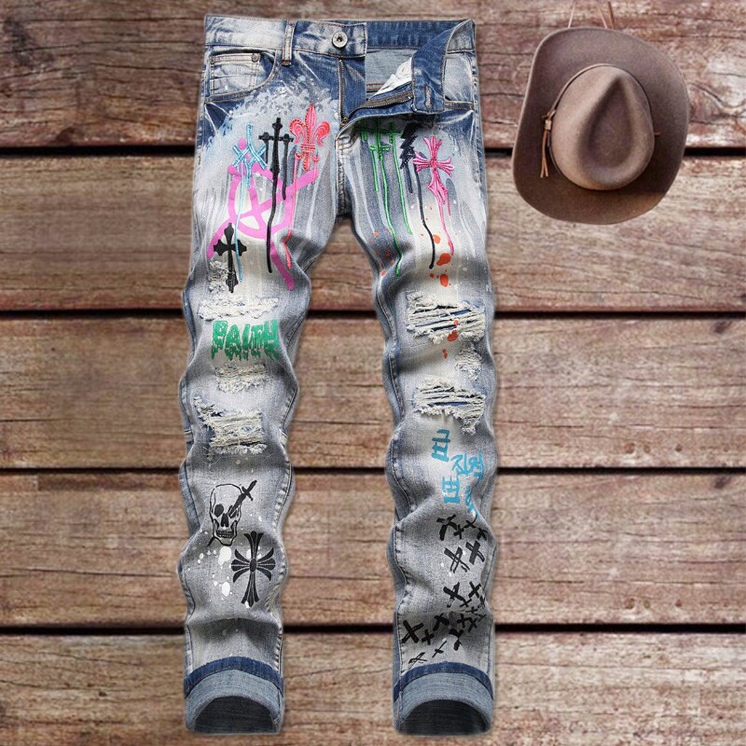 Hand Print Gothic Skull Graffiti Ripped Effect Stretch Skinny - Etsy