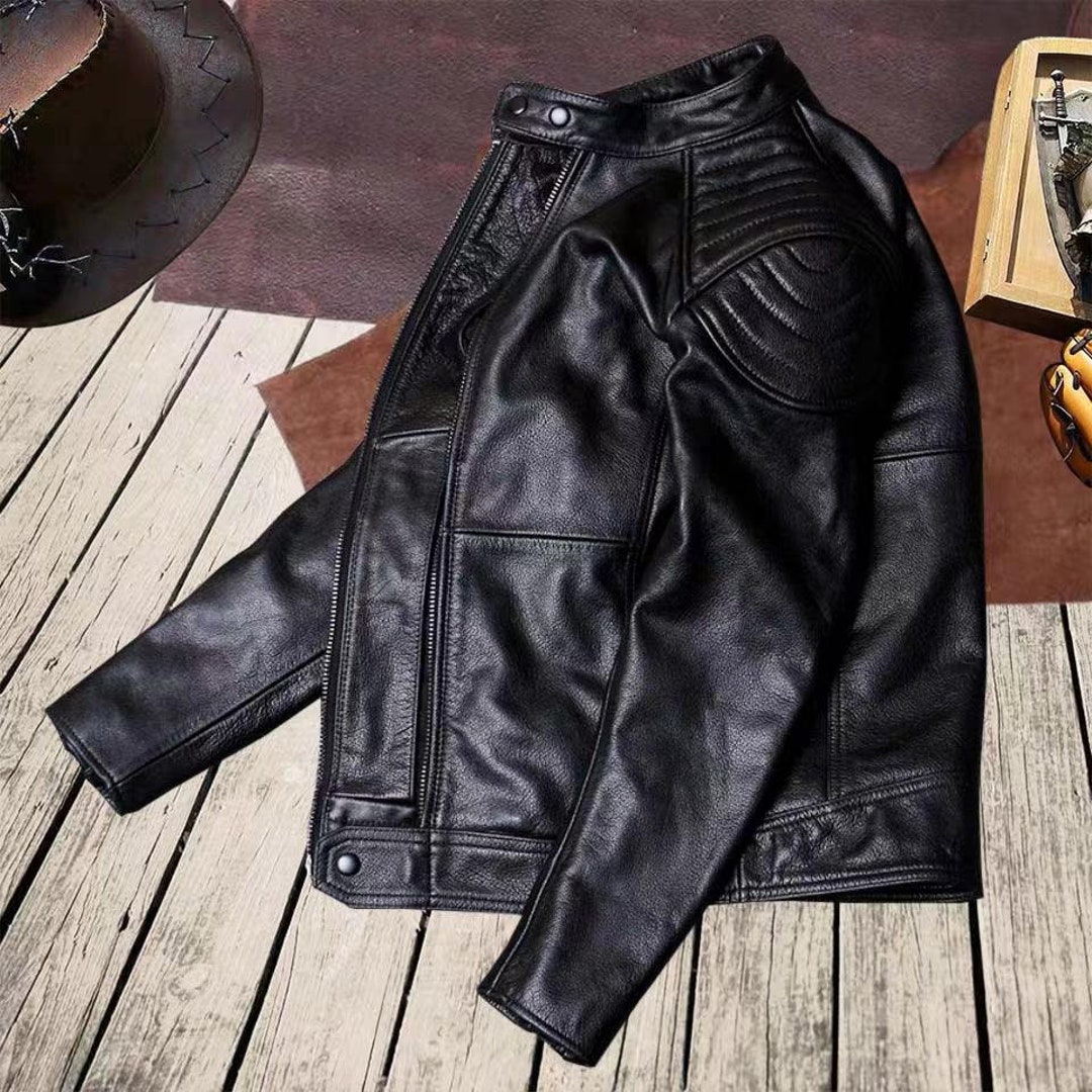 Best Seller Mens Genuine Cowhide Leather Moto Jacket, Black Slim Fit ...