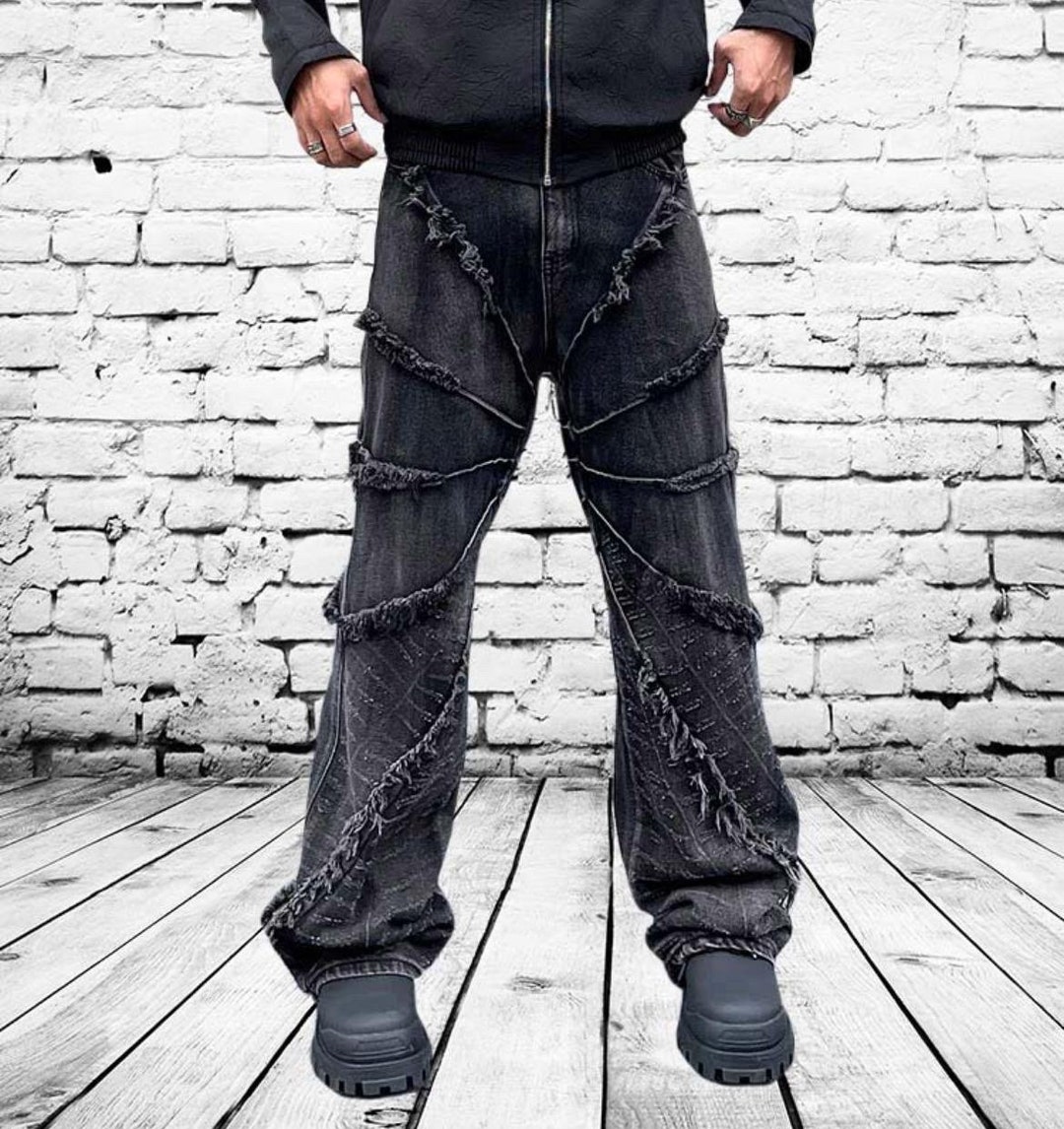 Stylised Straight Wide Baggy Jeans With Spider Web Design for Men Women ...