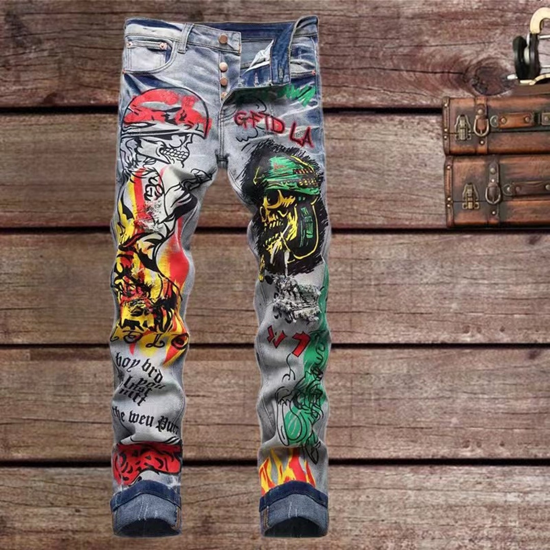 Vintaged Punk Skull Graffiti Print Ripped Denim Jeans for Men - Etsy