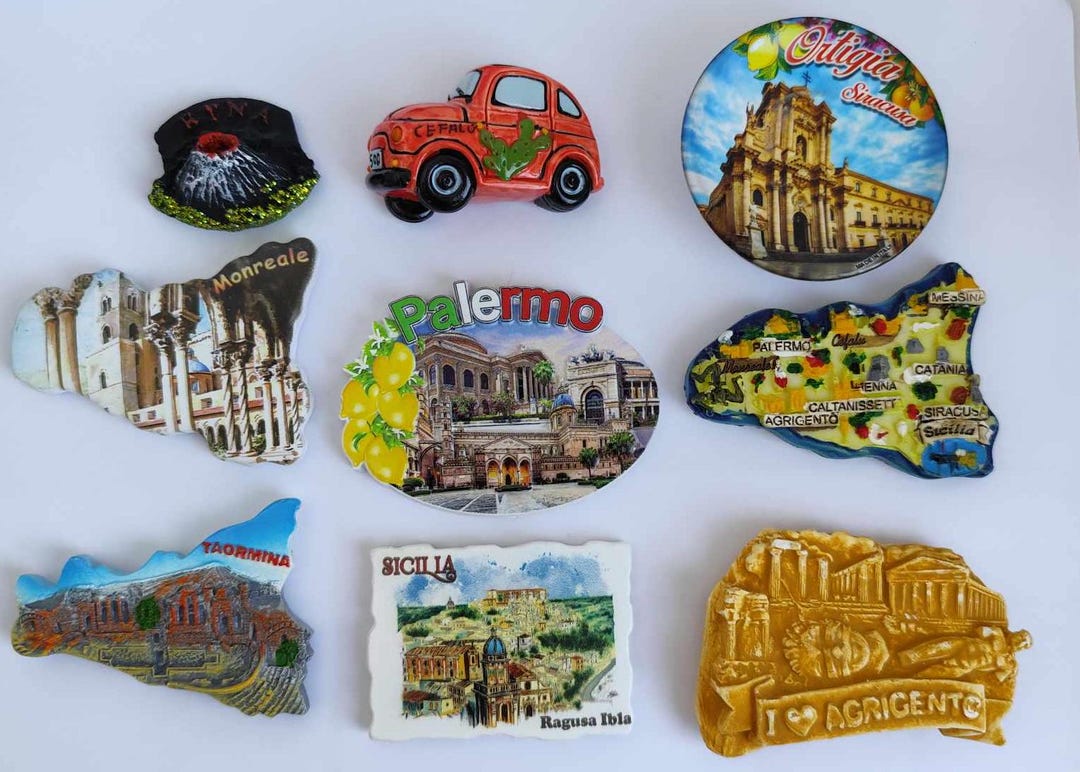 Italian Magnets. Vintage Sicilian Souvenirs. Palermo, Etna Volcano ...
