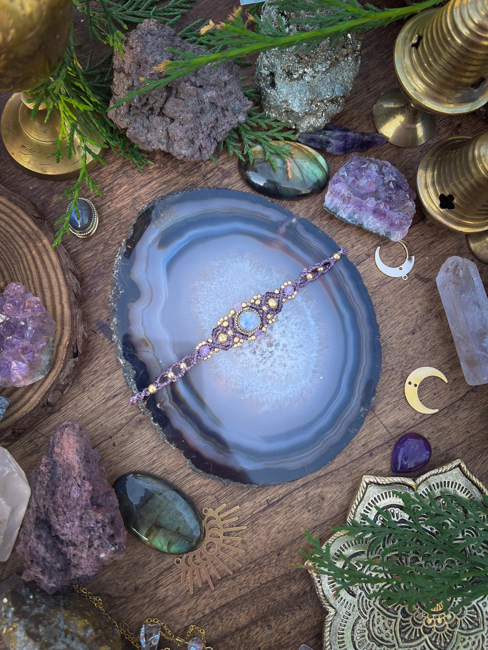 Gold Macrame Bracelet With Natural Stones (amethyst and Moonstone) : a ...