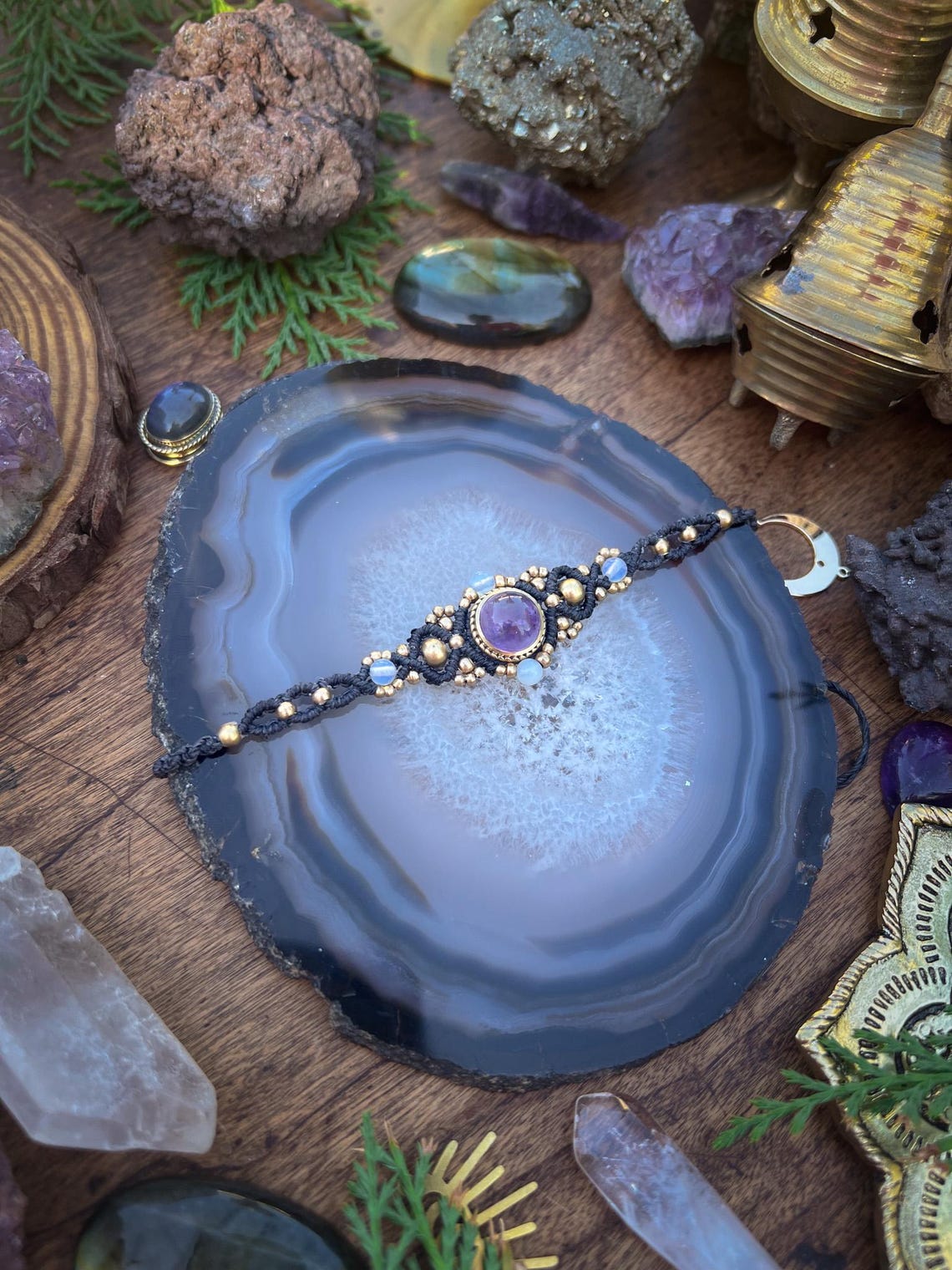 Gold Macrame Bracelet With Natural Stones (amethyst and Moonstone) : a ...