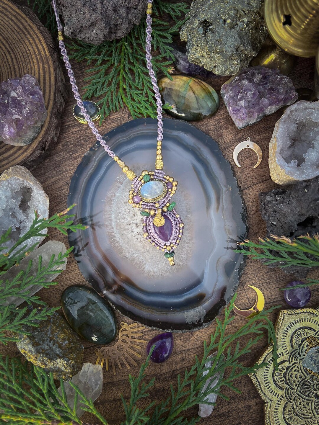 Gold Macrame Pendent Necklace With Natural Stones (labradorite ...