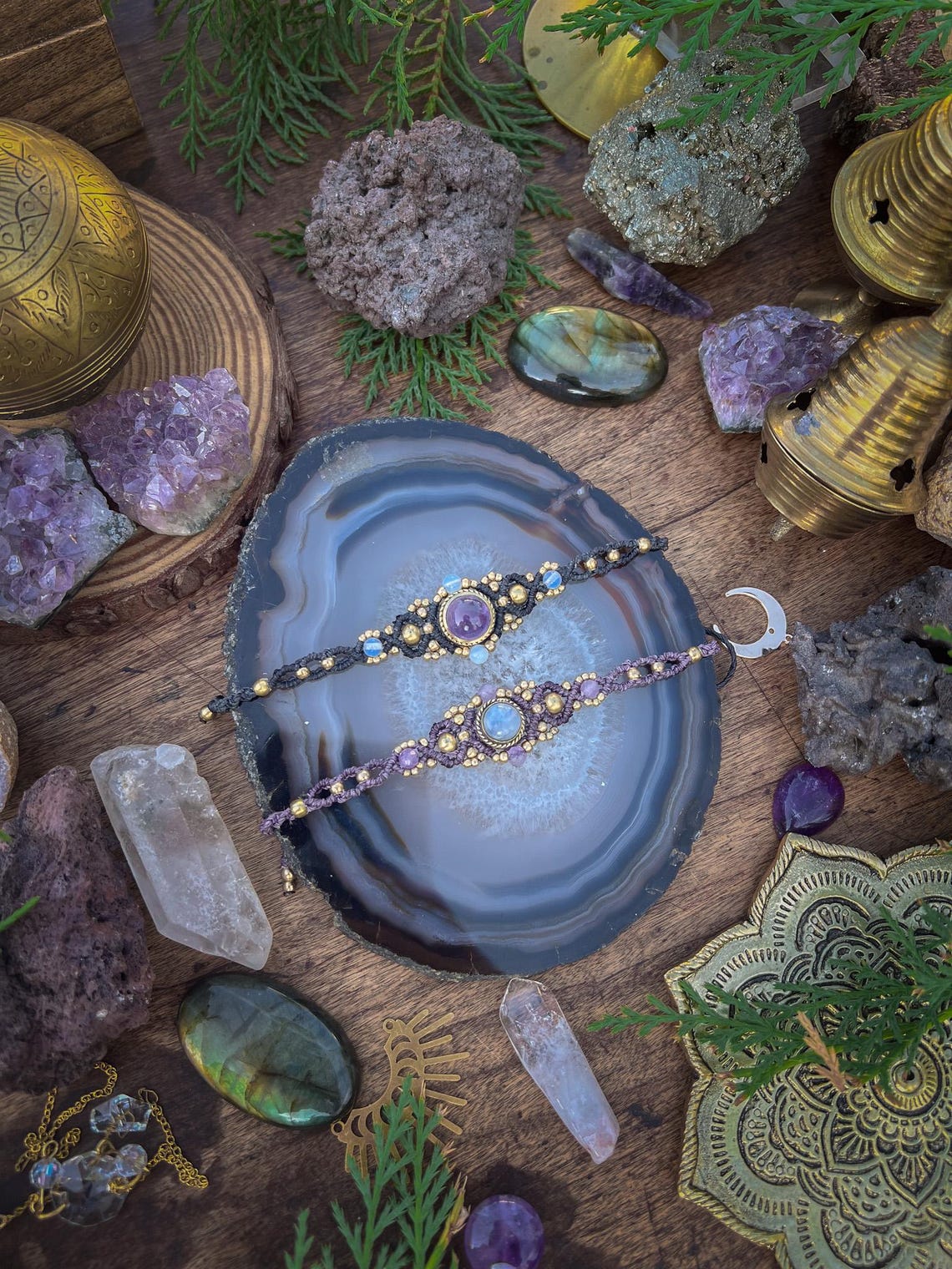 Gold Macrame Bracelet With Natural Stones (amethyst and Moonstone) : a ...