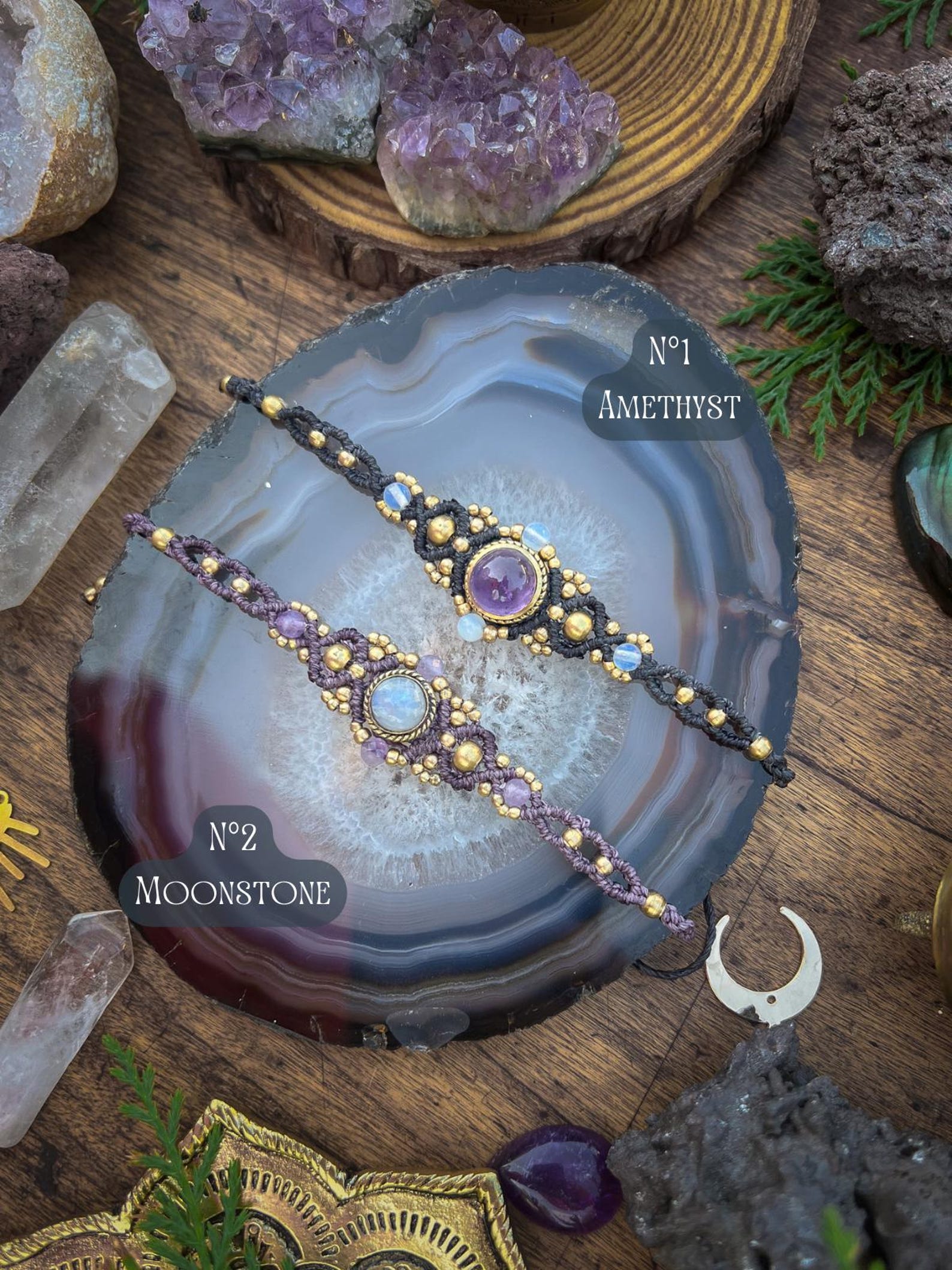 Gold Macrame Bracelet With Natural Stones (amethyst and Moonstone) : a ...