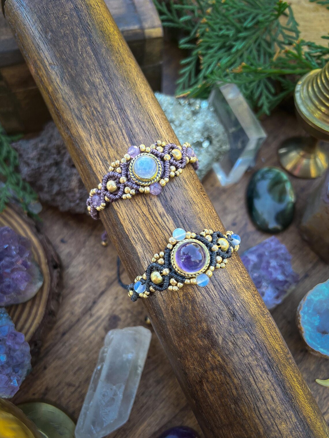 Gold Macrame Bracelet With Natural Stones (amethyst and Moonstone) : a ...