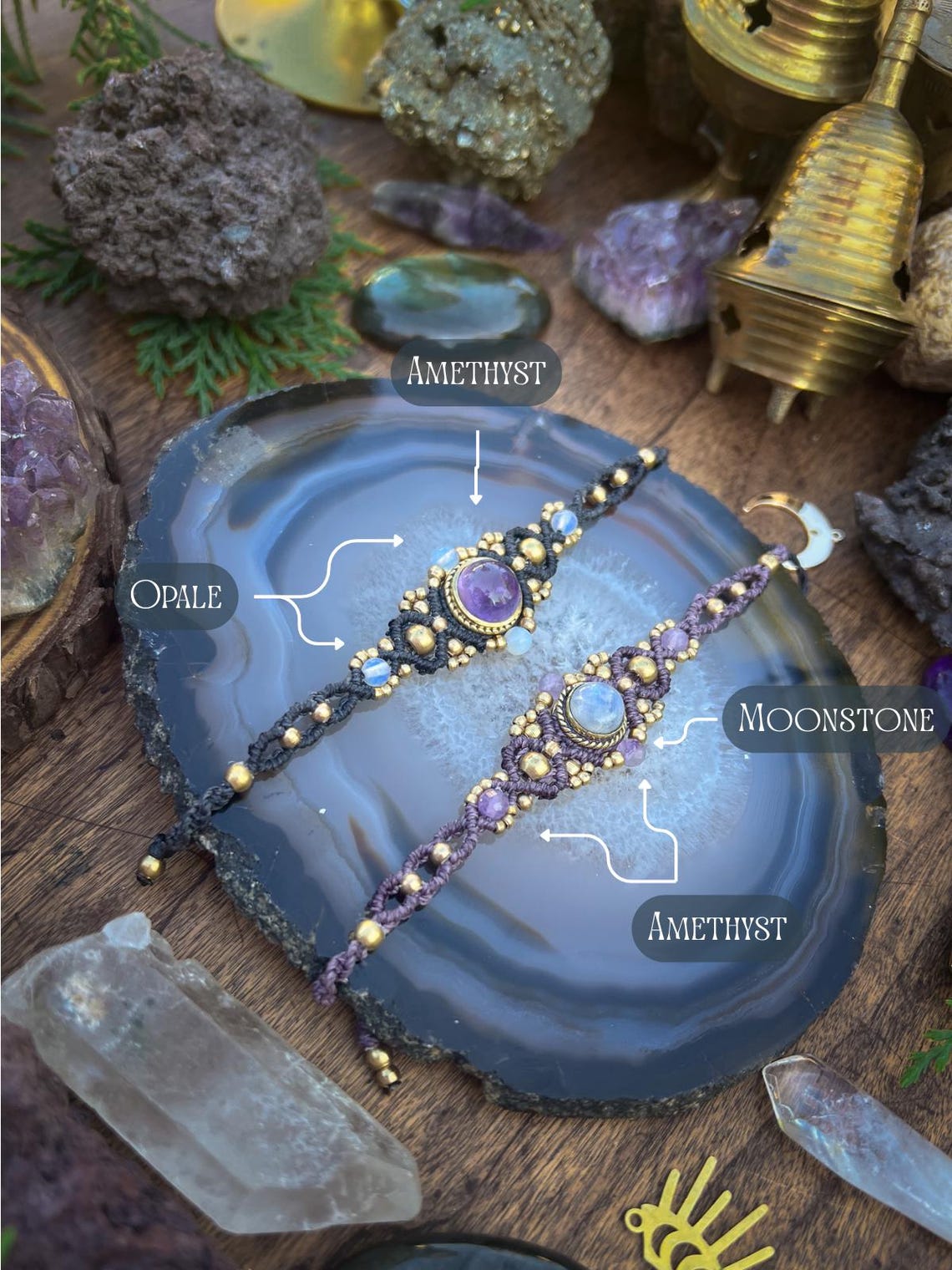 Gold Macrame Bracelet With Natural Stones (amethyst and Moonstone) : a ...