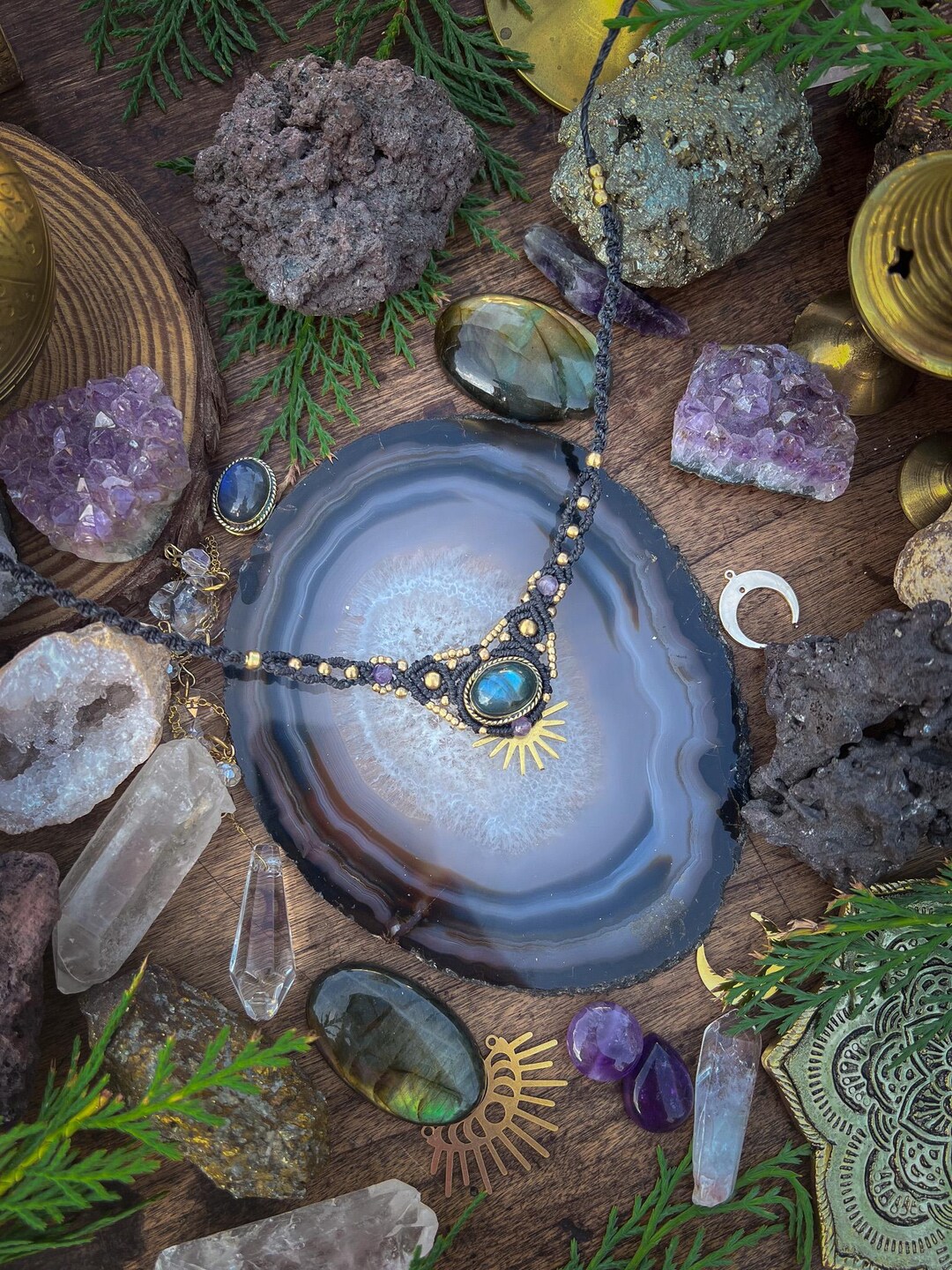 Gold Macrame Crystal Choker Necklace With Natural Stones Labradorite ...