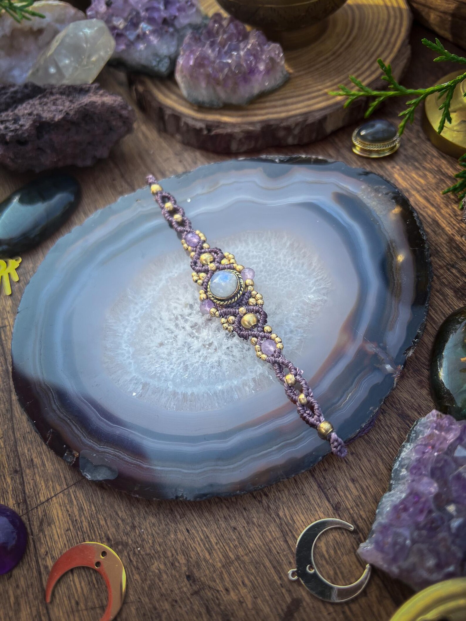 Gold Macrame Bracelet With Natural Stones (amethyst and Moonstone) : a ...