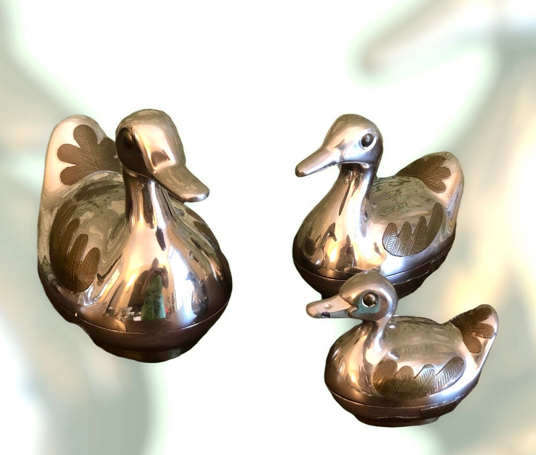 Set of Three Vintage Chinese Ducks Metal Jewelry Boxes Duck Shaped ...