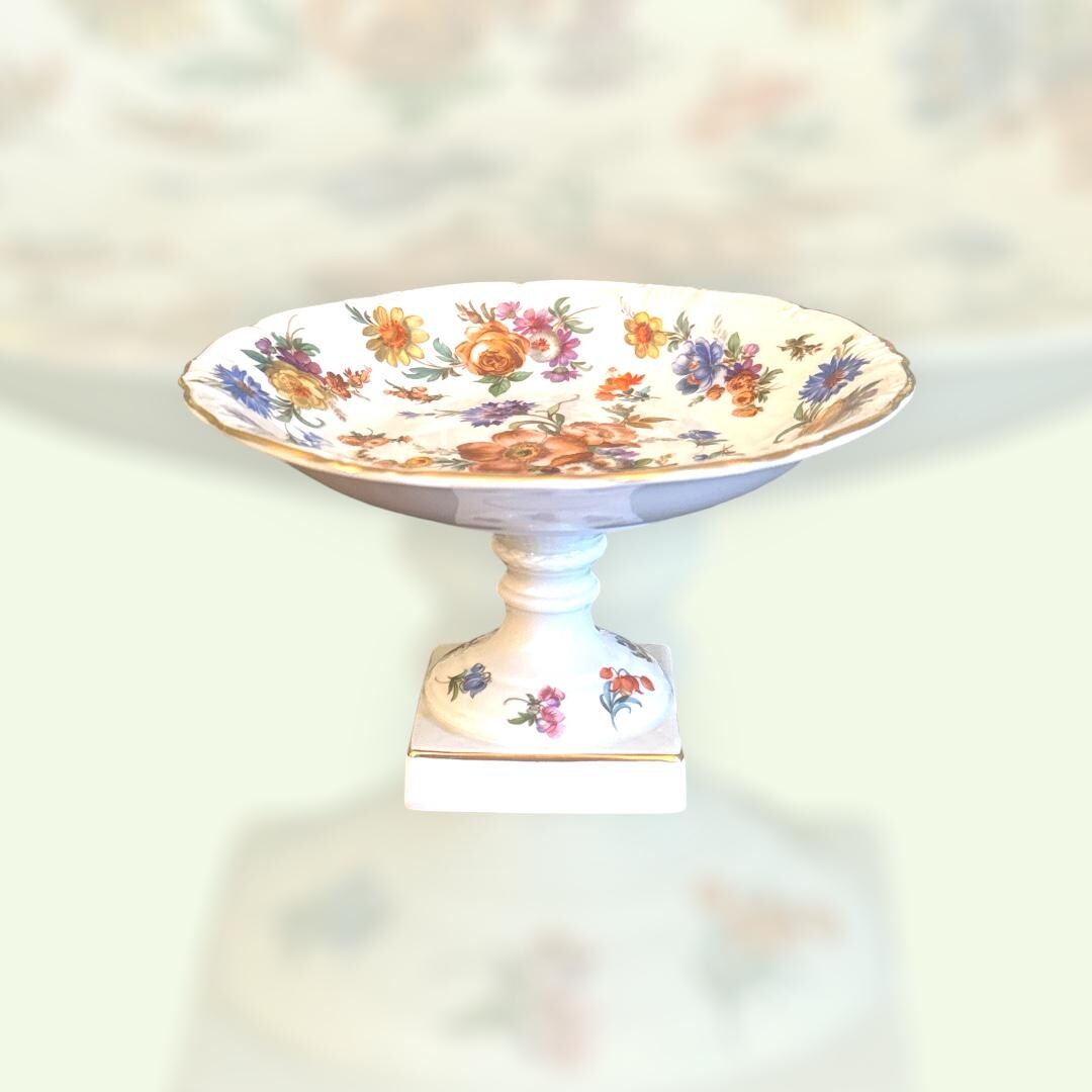 Vintage Bavarian Porcelain Cake Stand - Tall Bowl With Flowers and Gold ...