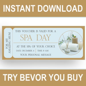 Spa Day Voucher Personalized Wellness Coupon Printable Gift Idea ...