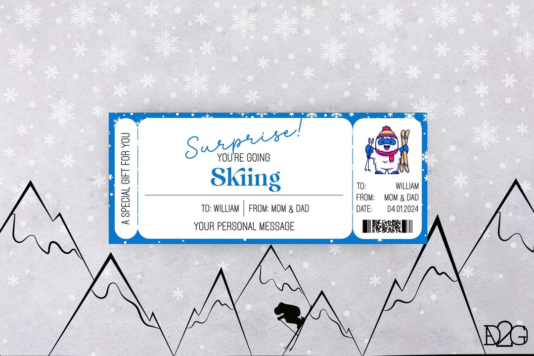 Ski Ticket Winter Activities Printable Surprise Trip Reveal Gift ...