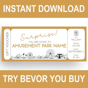 Theme Park Ticket Amusement Park Voucher Theme Park Coupon Personalised ...