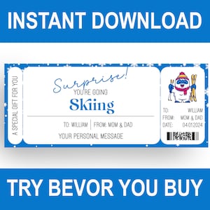 Ski Ticket Winter Activities Printable Surprise Trip Reveal Gift ...