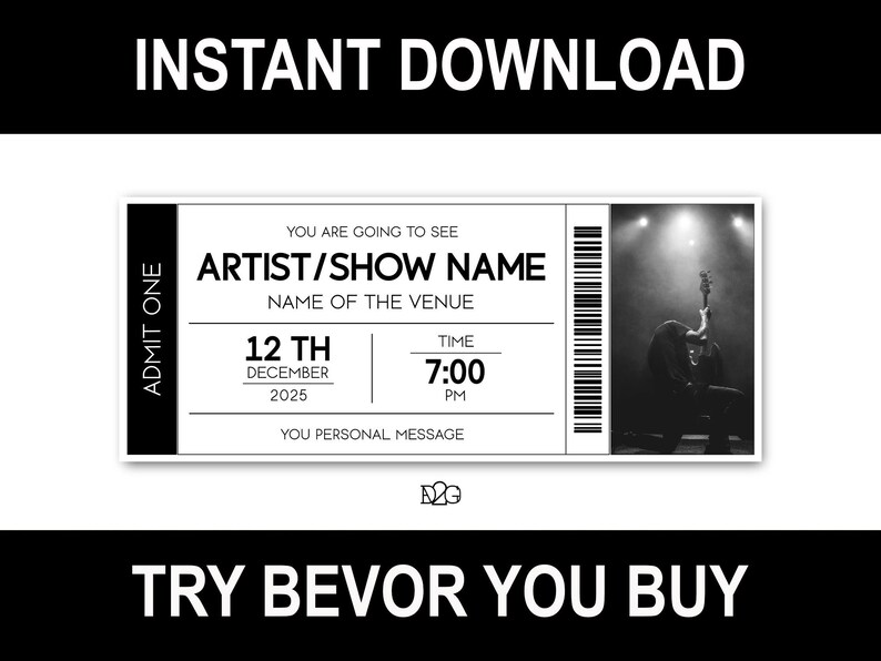 Concert Ticket Template DIY Add Photo Music Festival Invitation Musical ...