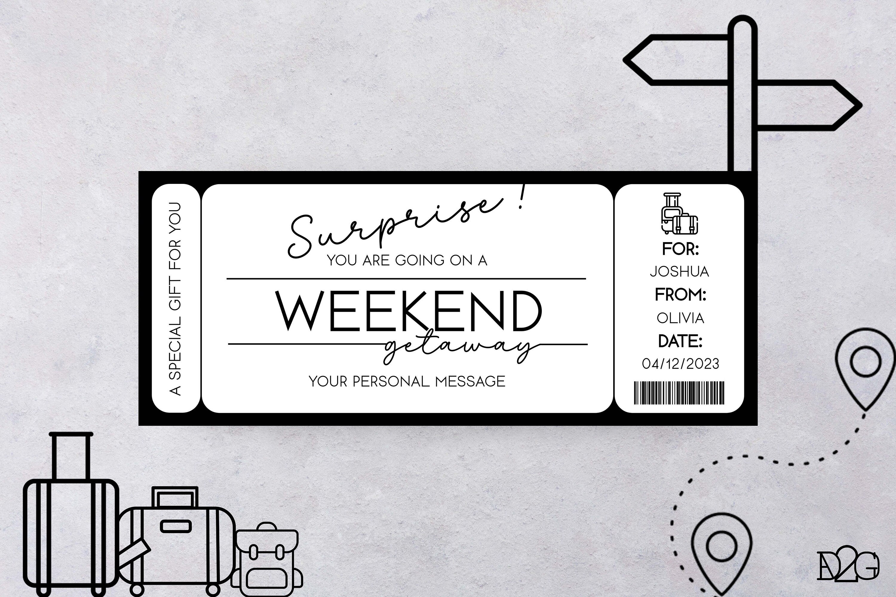 Weekend Getaway Voucher Gift Certificate Romantic Weekend Surprise Trip ...