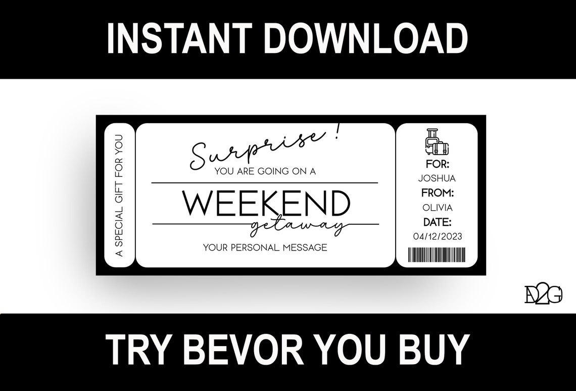 Weekend Getaway Voucher Gift Certificate Romantic Weekend Surprise Trip ...