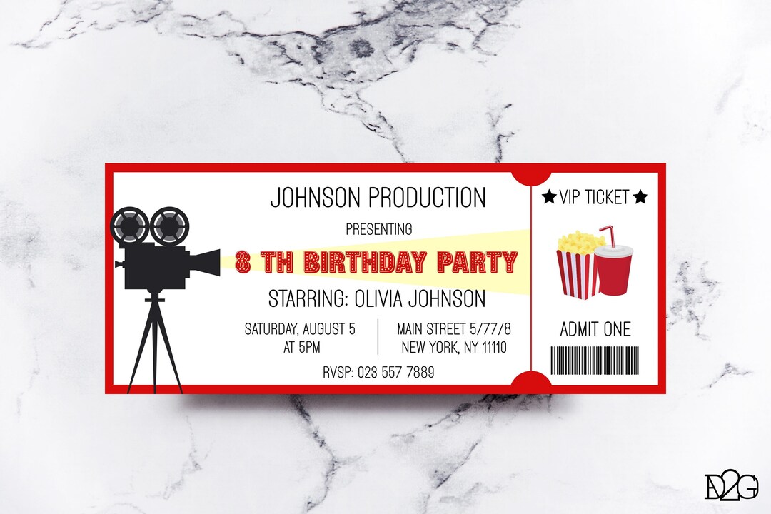 Movie Birthday Party Personalised Cinema Ticket Invitation Editable ...