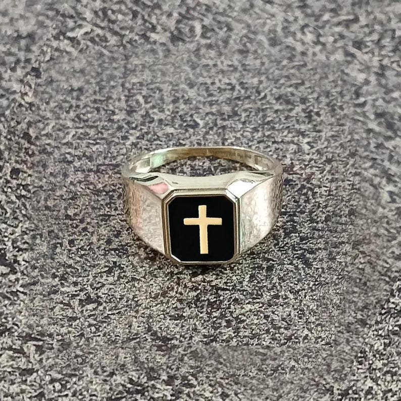 Jesus Cross Crucifix Signet Ring, Jesus Ring, Jesus Black Enamel Ring ...