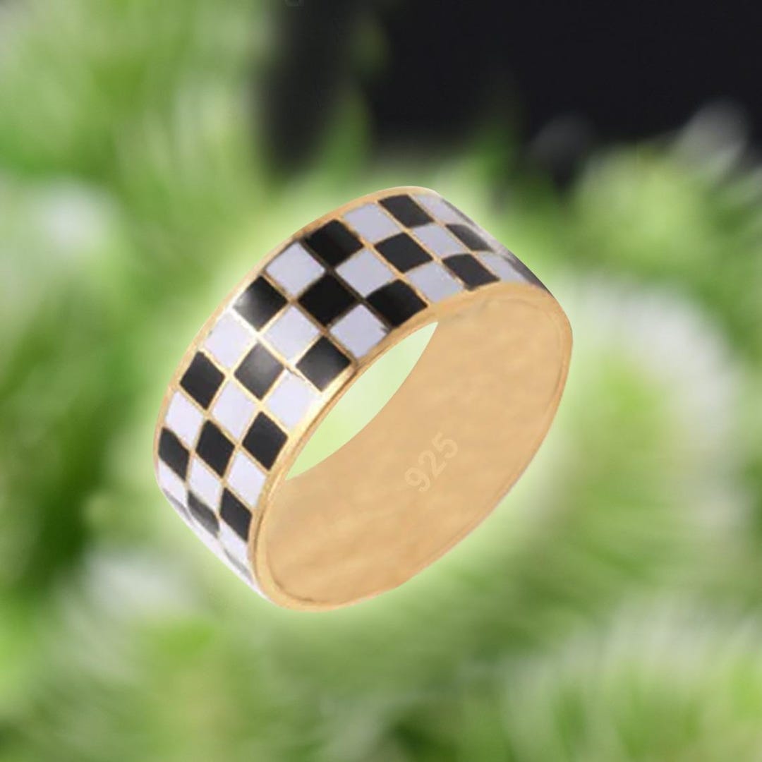 8mm Wide Checkerboard Black & White Enamel Band Ring, Geometric Ring ...