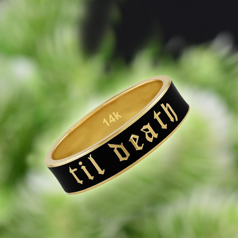 14K Gold 6mm & 4mm Wide Til Death Black Enamel Band Ring | Promise Ring ...