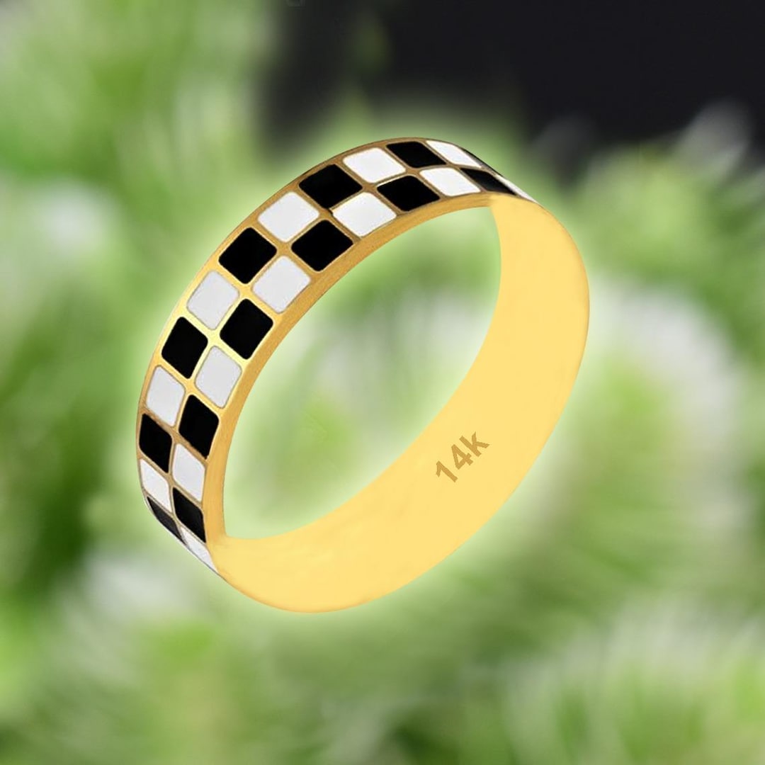 14K Gold 6mm Wide Checkerboard Ring, Black & White Enamel Band Ring ...