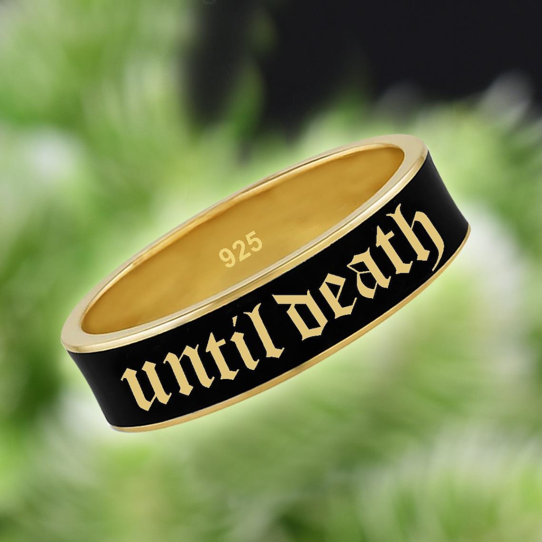 14K Solid Gold 6mm Wide Until Death Black Enamel Band Ring | Promise ...